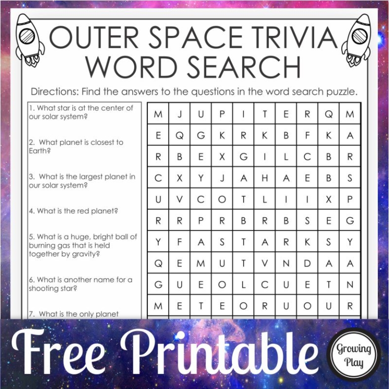 Outer Space Word Search and Space Trivia Questions - Growing Play