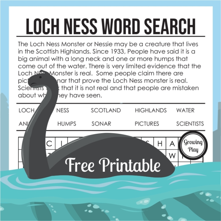 Loch Ness Monster Word Search with Info Too! - Growing Play