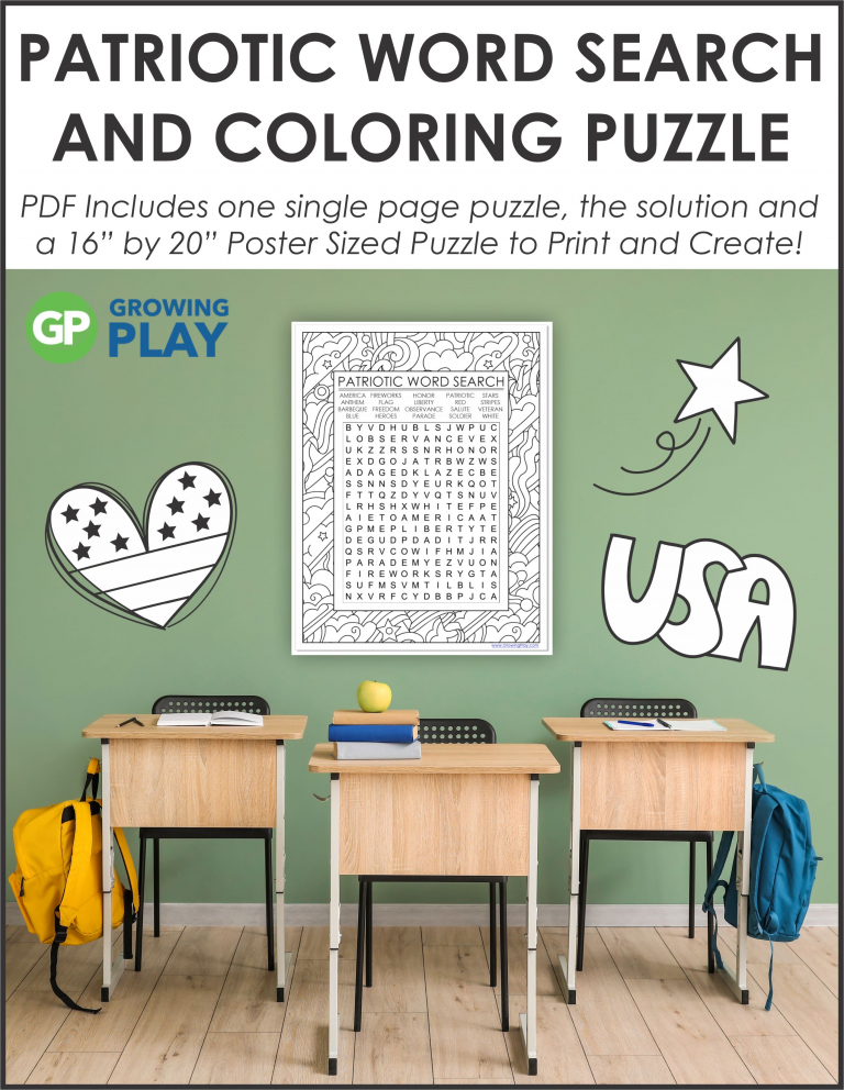 Patriotic Word Search and Coloring Poster - Growing Play