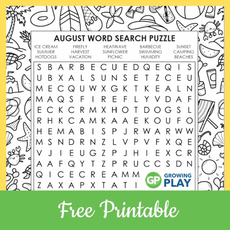 August Word Search Free Printable - Growing Play