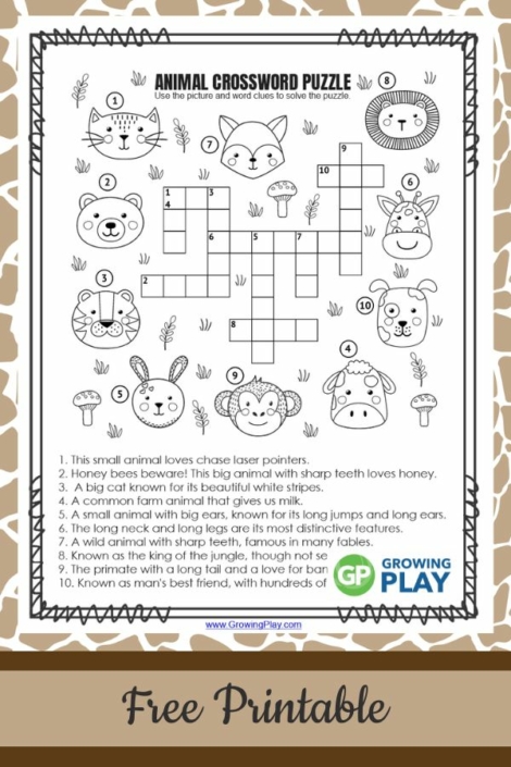 Animal Crossword Puzzle - Free Printable - Growing Play