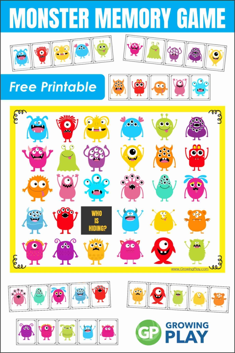 Monster Memory Game for Kids - Free Printable - Growing Play