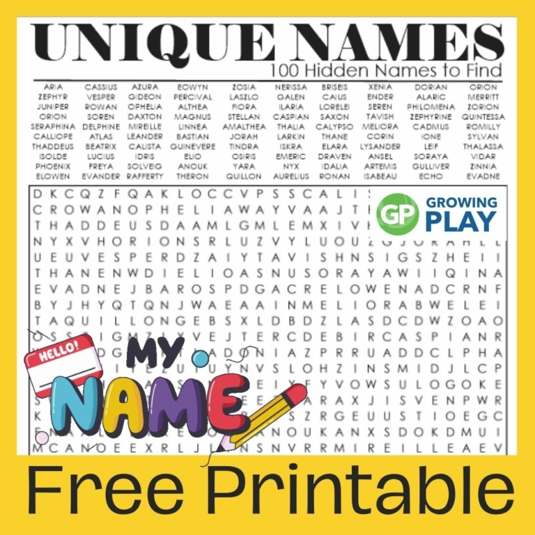 Unique Names Word Search Free Printable - Growing Play