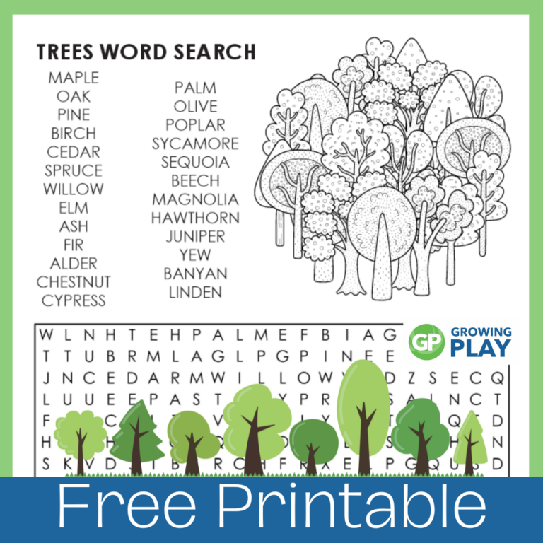 Trees Word Search Free Printable PDF - Growing Play