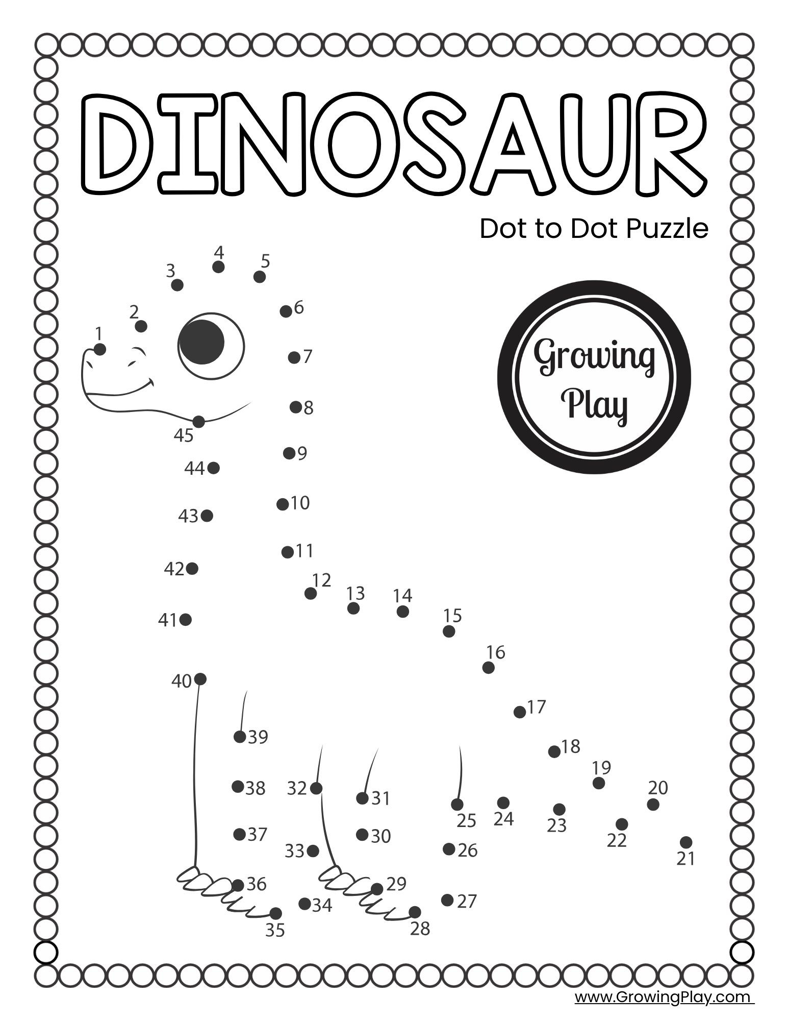 Dinosaur Dot to Dot Free Printable Packet - Growing Play