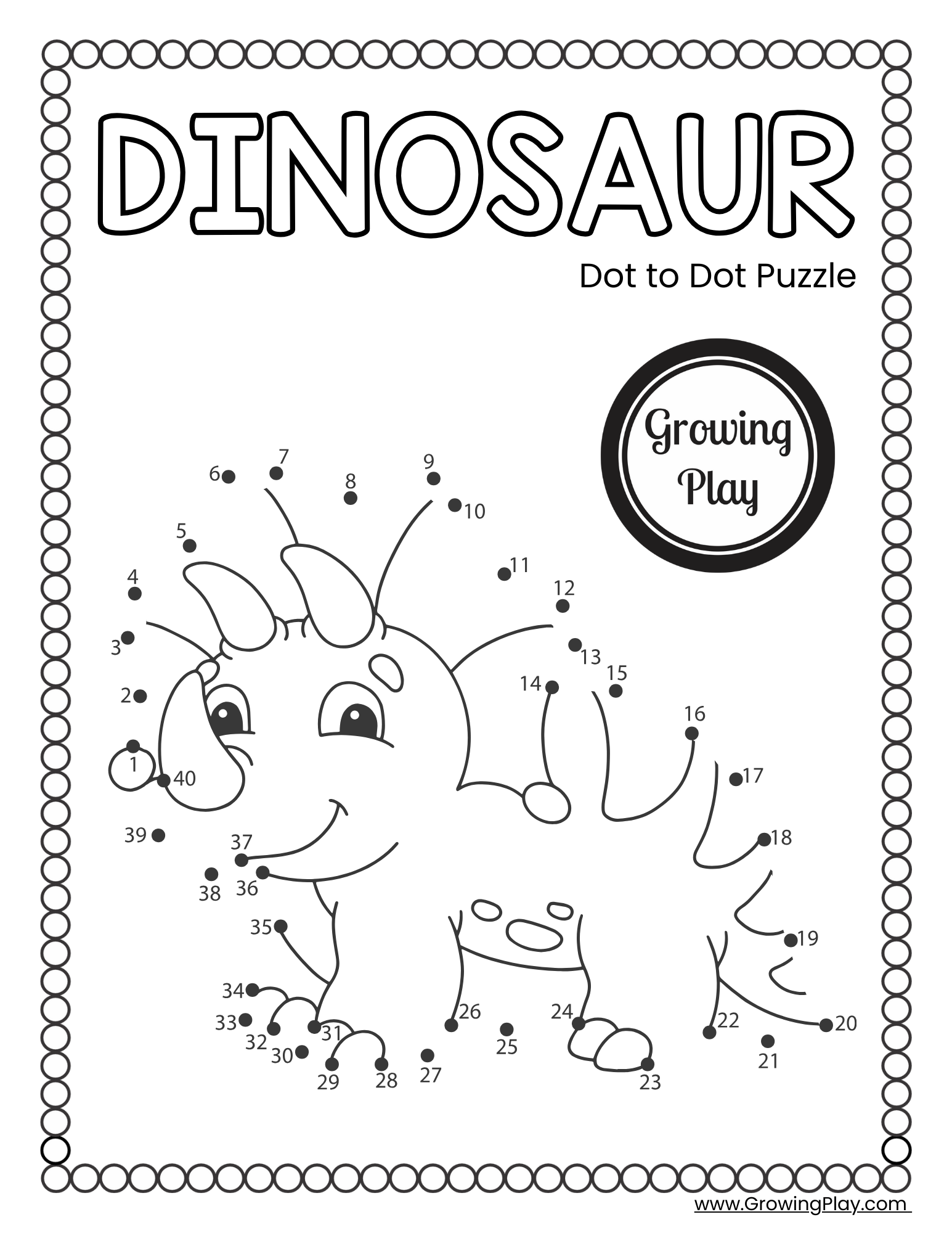 Dinosaur Dot to Dot Free Printable Packet - Growing Play