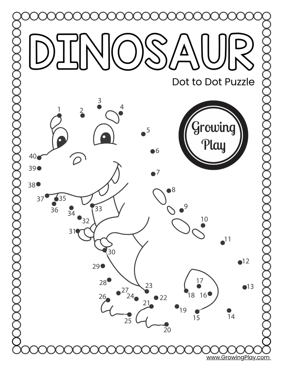 Dinosaur Dot to Dot Free Printable Packet - Growing Play