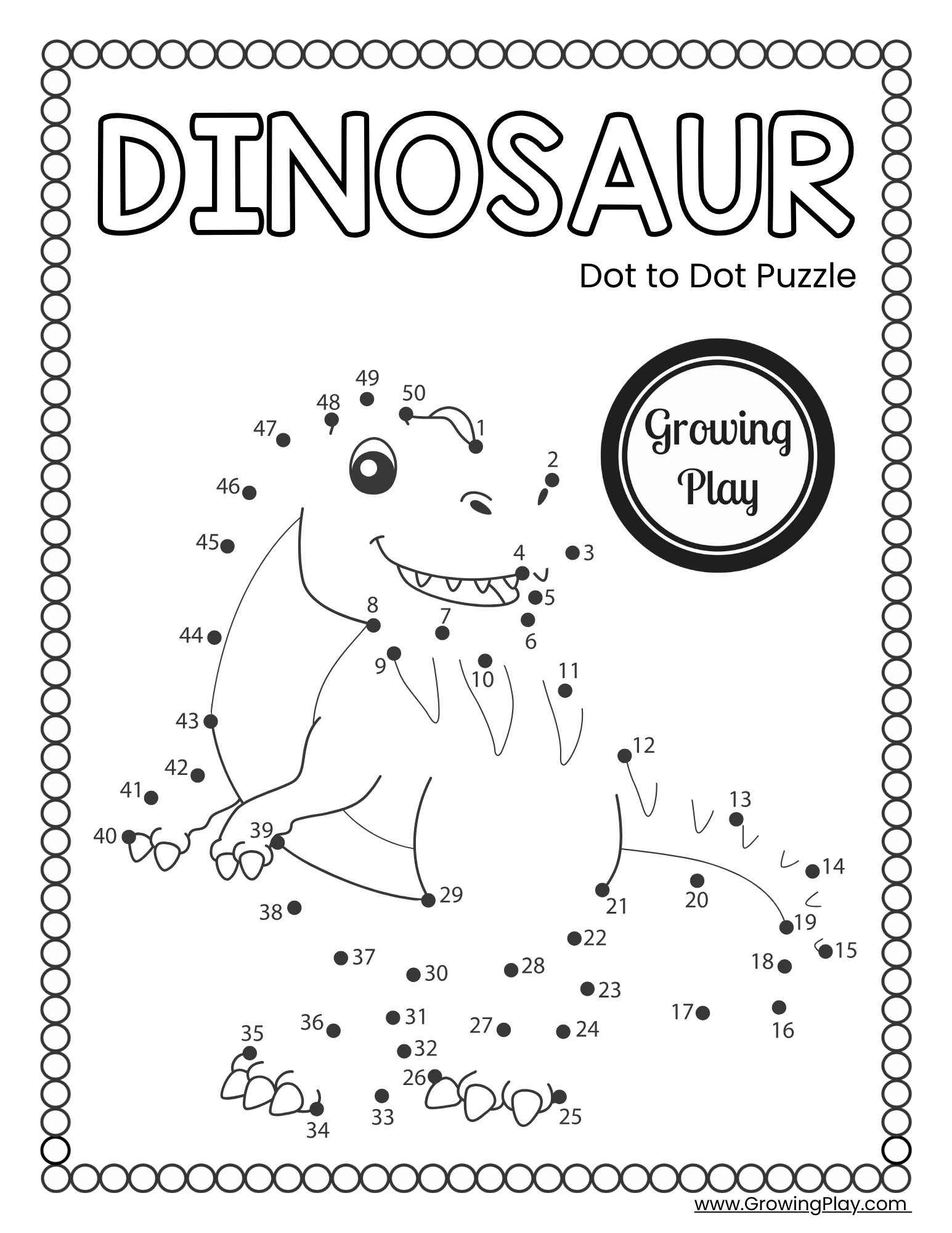 Dinosaur Dot to Dot Free Printable Packet - Growing Play