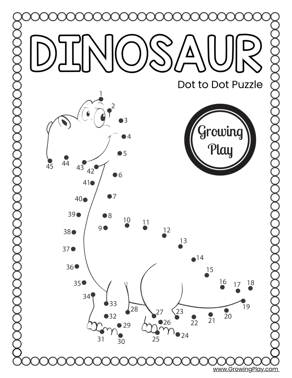 Dinosaur Dot to Dot Free Printable Packet - Growing Play