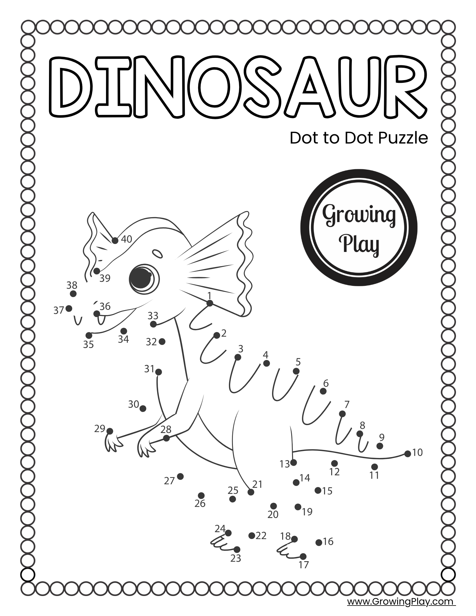 Dinosaur Dot to Dot Free Printable Packet - Growing Play