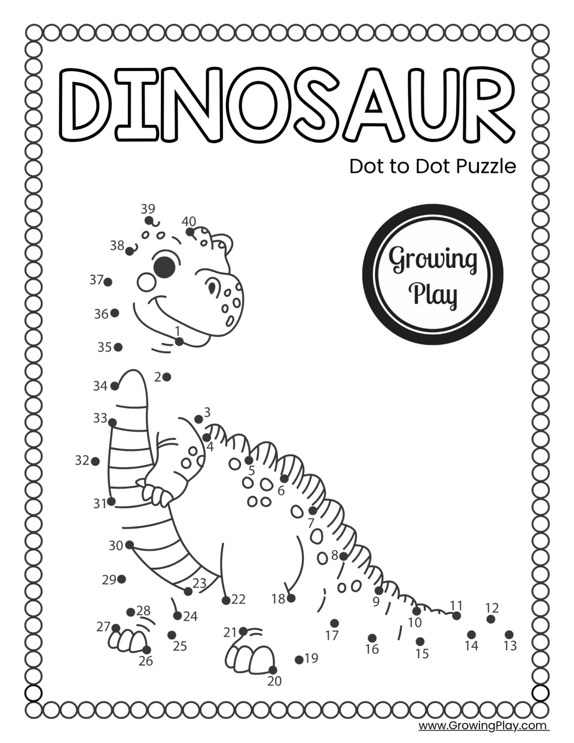 Dinosaur Dot to Dot Free Printable Packet - Growing Play