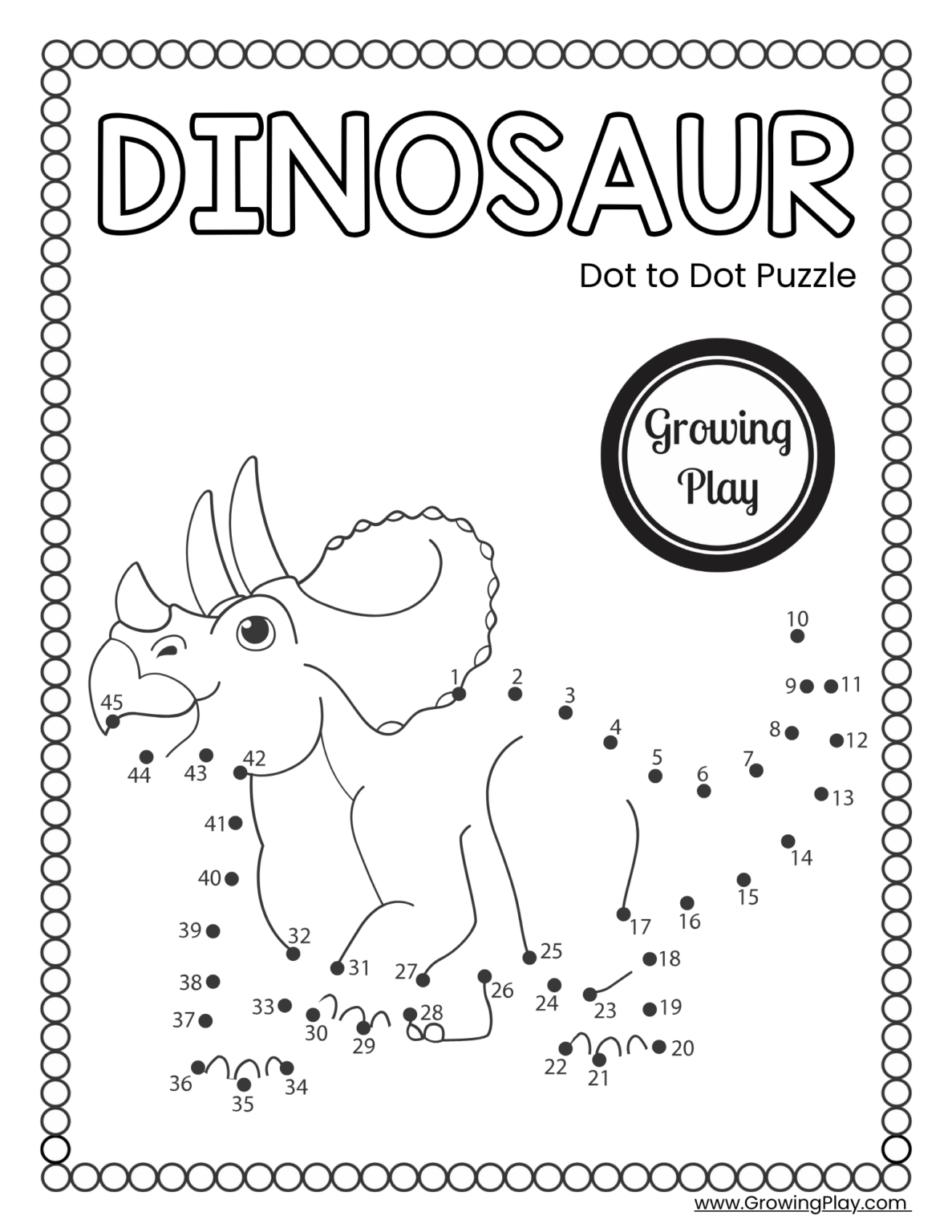 Dinosaur Dot to Dot Free Printable Packet - Growing Play