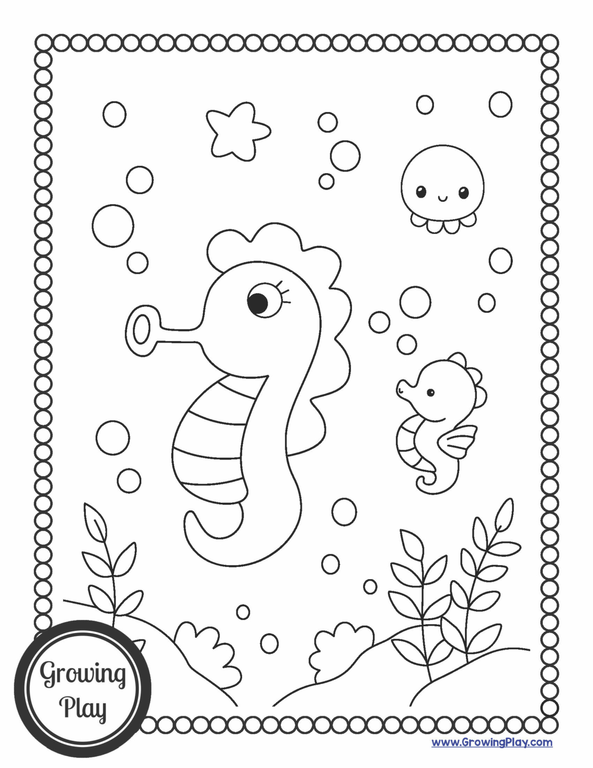 Printable Cute Seahorse Coloring Pages - Free - Growing Play