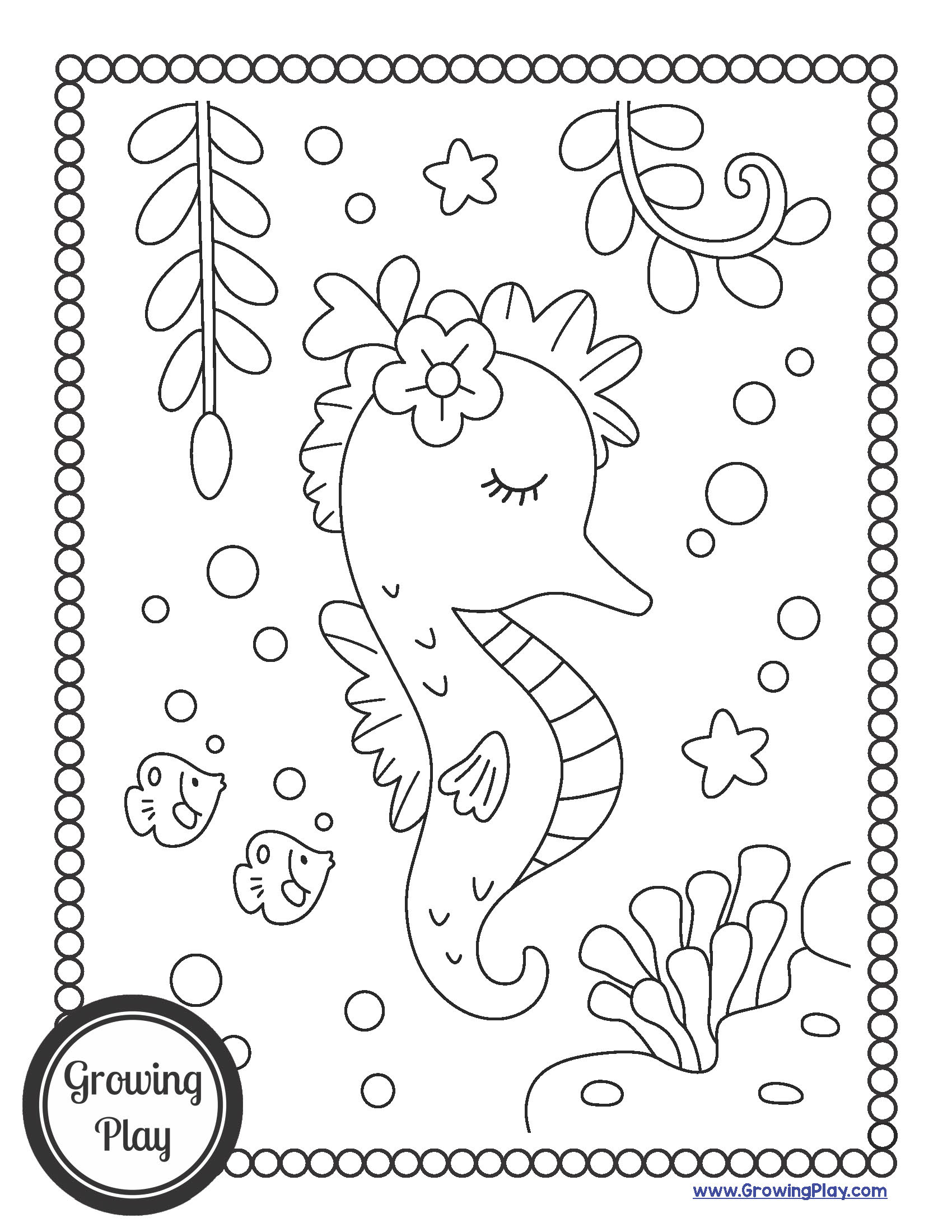 Printable Cute Seahorse Coloring Pages - Free - Growing Play